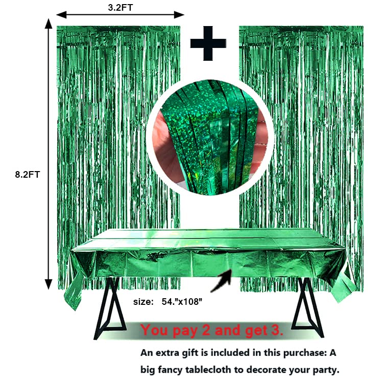 2 Pack Green foil Fringe Curtains 3.2 ft x 8.2 ft + 1 Pack Tablecloth 54β x108 for Birthday Wedding Christmas Bridal Shower Bachelorette Holiday Party Backdrops Photo Booth Props (Green)