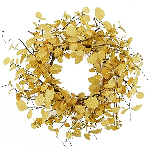 20 inch Artificial Fall Eucalyptus Wreath for Front Door with Yellow Eucalyptus Leaves,Dry Vine Branches for Front Door Indoor Outdoor Farmhouse Home Wall Window Festival Decor
