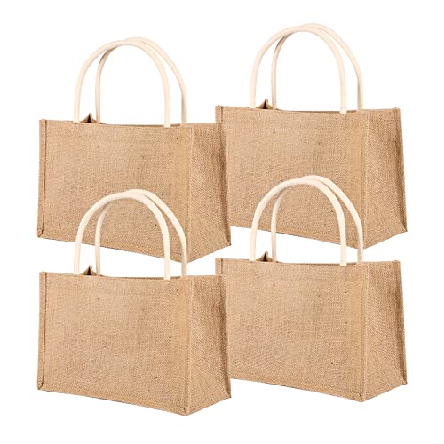4 Pack Medium Burlap Tote Bags with Handle, 12.6"x8.7"x5.3" Reusable Jute Beach Bags Blank Grocery Tote Bulk, Canvas Gift Bag for Bridesmaid Wedding, DIY, Women Market Grocery Shopping