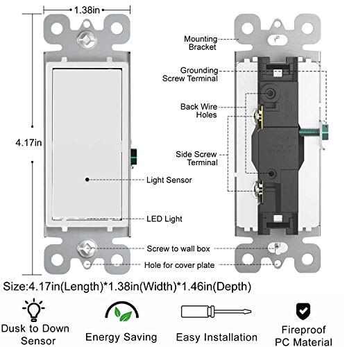 4 Pack Illuminated Light Switch, Decora Paddle Rocker Light Switch with LED Night Light, Automatic On/Off Sensor, Single Pole, 15Amp 120/277Volt, White