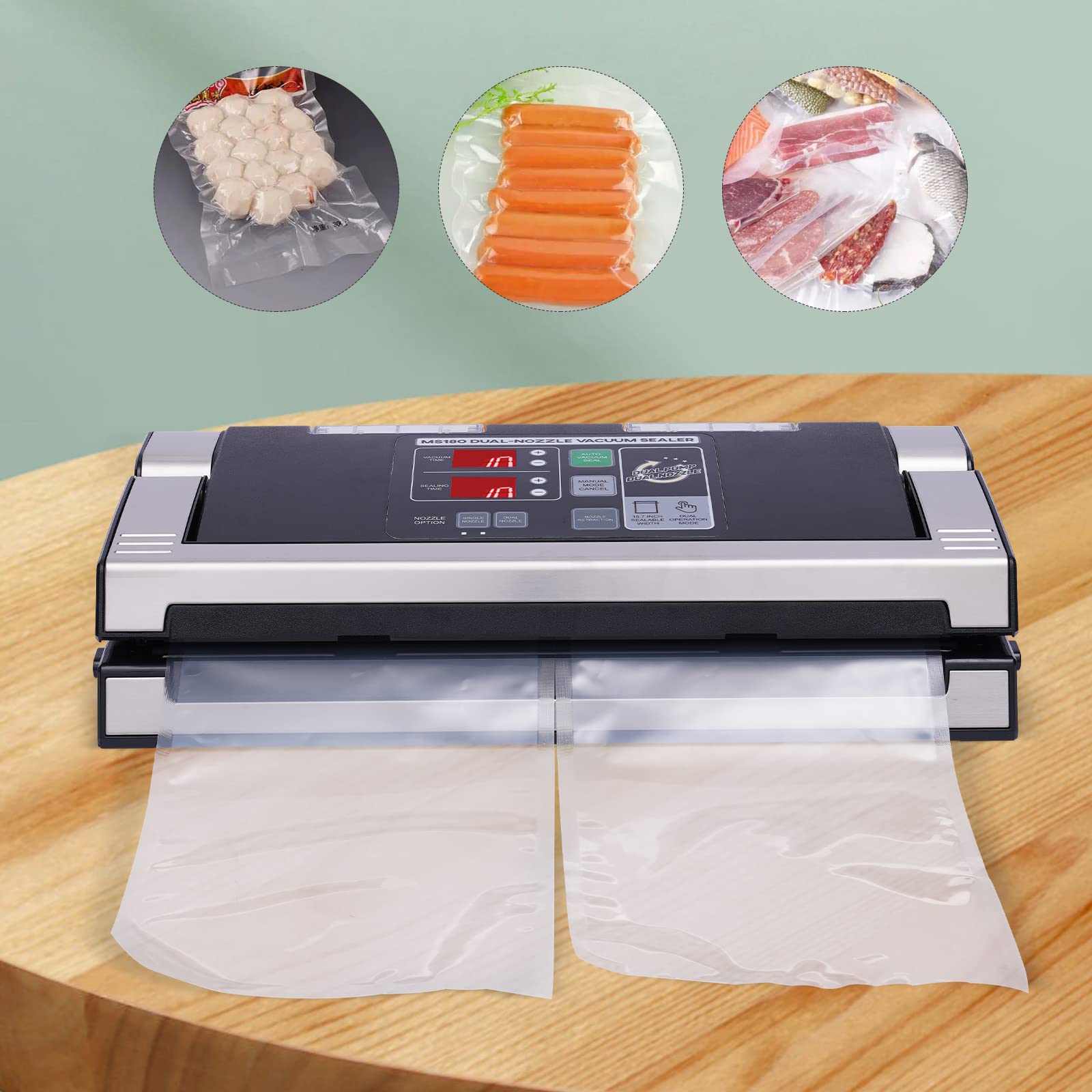 110V 250W Double Pump Vacuum Sealer, MS180 Food Sealer Machine Packing Sealing Machine Auto and Manual Modes Compatible With Smooth Flat Bags or Chamber Pouches, 15.7 '' Seal Bar