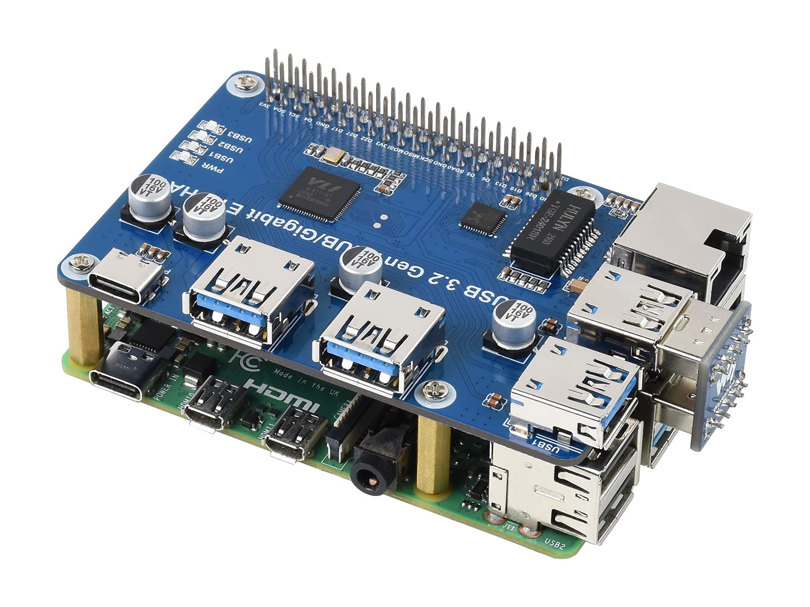 waveshare 3 Ports USB 3.2 Gen1 Hub HAT for Raspberry Pi, with 1000M/100M/10M Gigabit Ethernet Port, USB 3.2 Gen1 Ports Compatible with USB 3.0/2.0/1.1, Driver-Free, Plug & Play