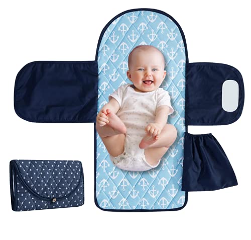 Diaper Changing Pad with Protecting Wraps, Portable Changing Pad for Moms & Dads, Baby Changing Pad as Baby Gifts for Shower, Travel, Newborn Boys, Dark Blue Stars - Light Blue Anchor