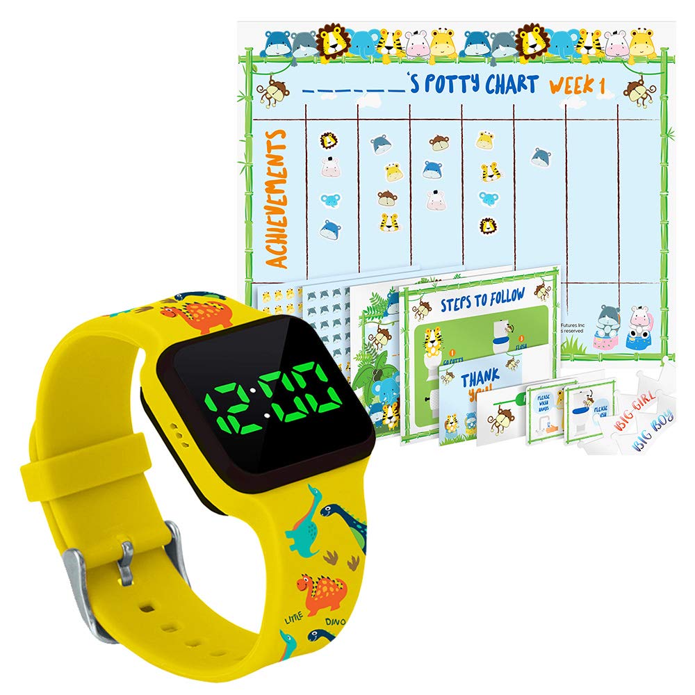 ATHENA FUTURES Potty Training Count Down Timer Watch with Lights and Music - Rechargeable, Dinosaur Yellow Band and Potty Training Chart for Toddlers - Fun Animal Design - Rewards - Sticker Chart