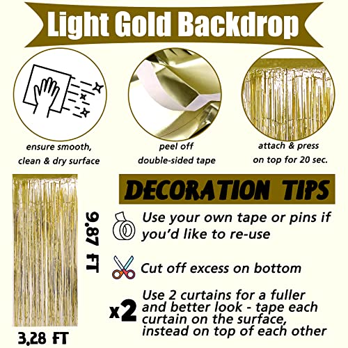 4 Pack Light Gold Fringe Curtain Backdrop, 3.2Ft x 9.8Ft Metallic Tinsel Foil Fringe Streamers Background for Photo Booth Birthday Wedding Baby Shower Carnival Easter Mother’s Day Party Decorations