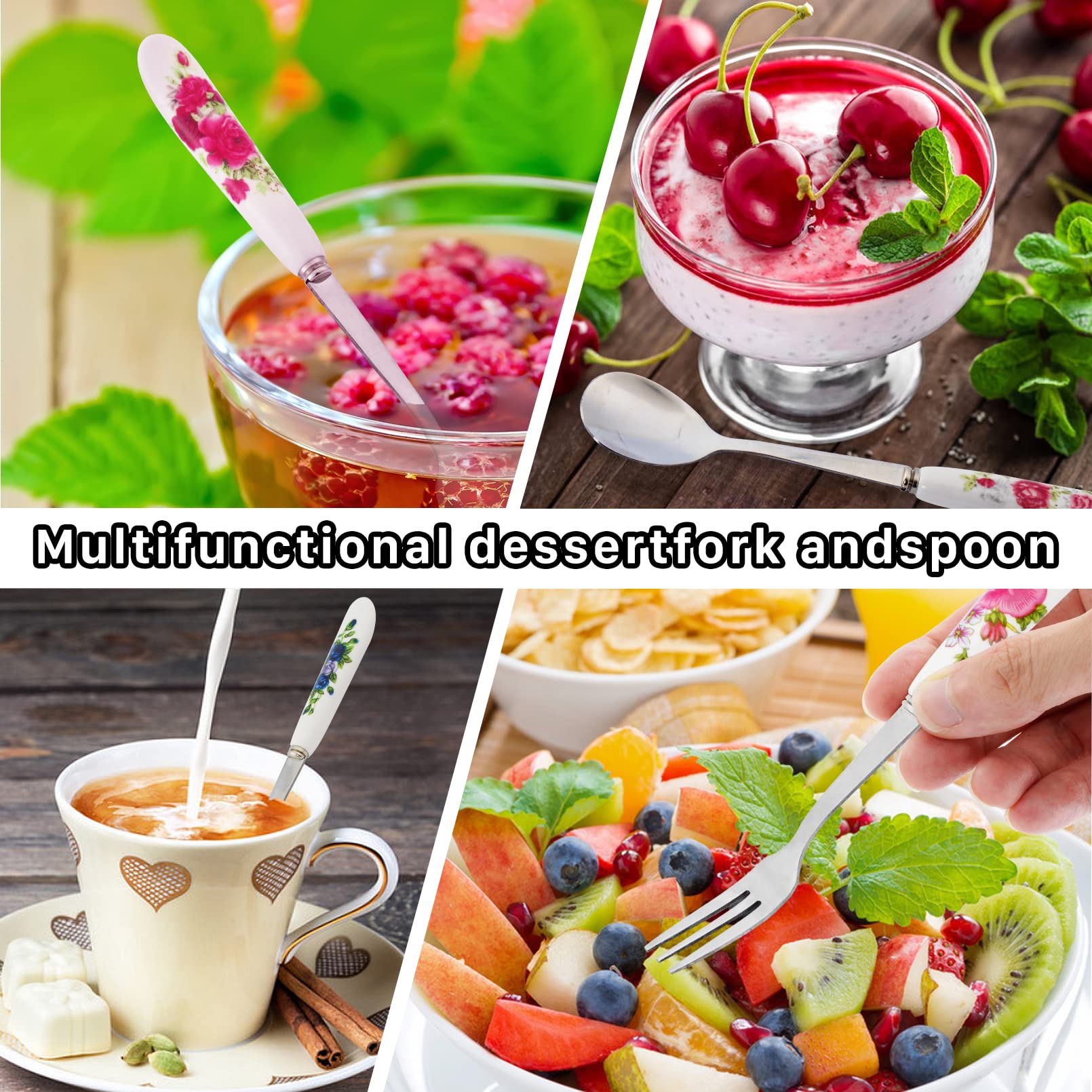 14 Pcs Dessert Forks and Spoons Silverware Set,Stainless Steel Small Appetizer Forks,Mini Coffee Spoons Salad Fork with Ceramics Handle,Cake Forks Tea Spoons for Dessert,Salad,Appetizer,Cocktail,Fruit