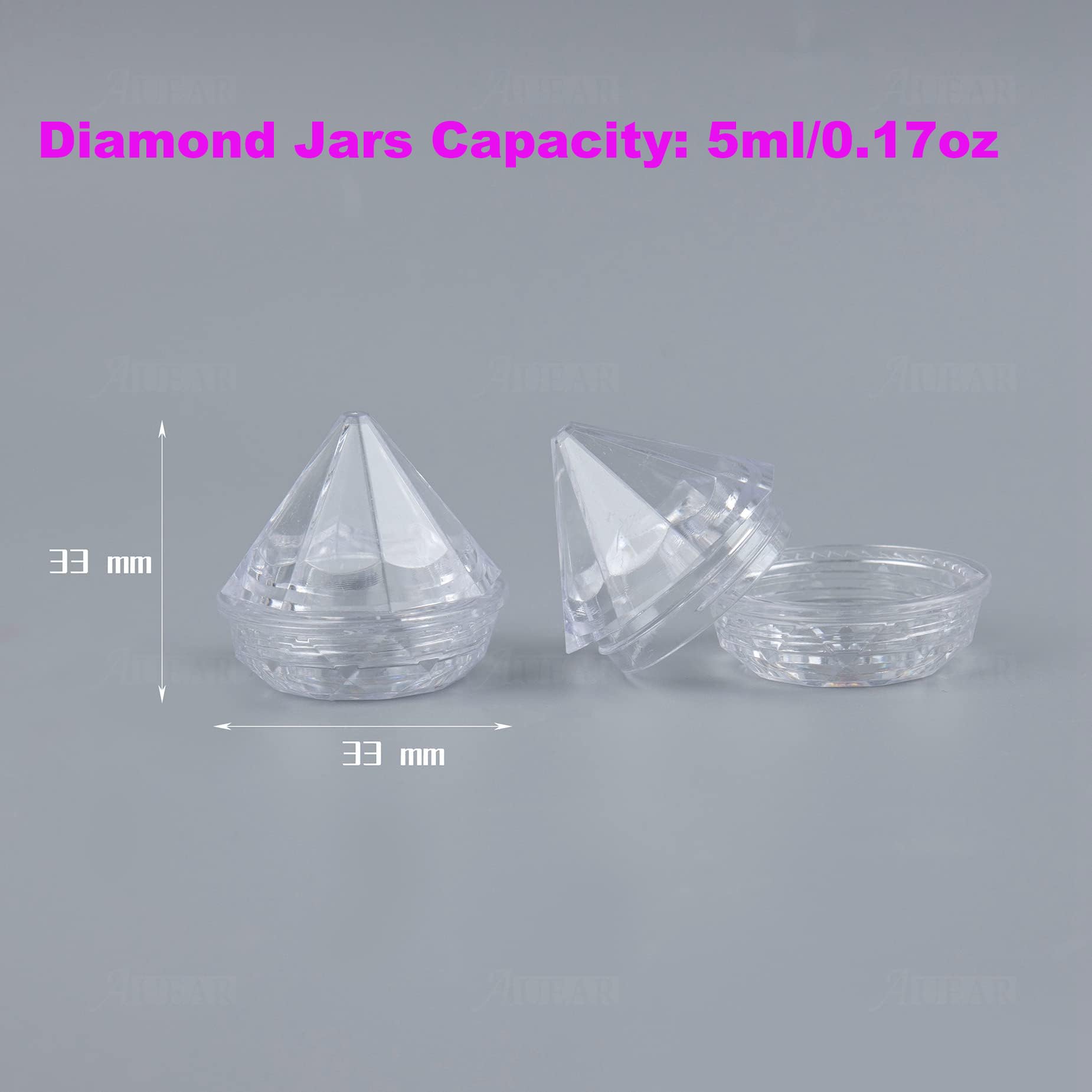 AUEAR, 50 Pack Diamond Shaped Clear Jars 5 ML Empty Refillable Cosmetic Small Jar Makeup Container with Lids Sample Trial Case Storage Box for Party Favors Decor