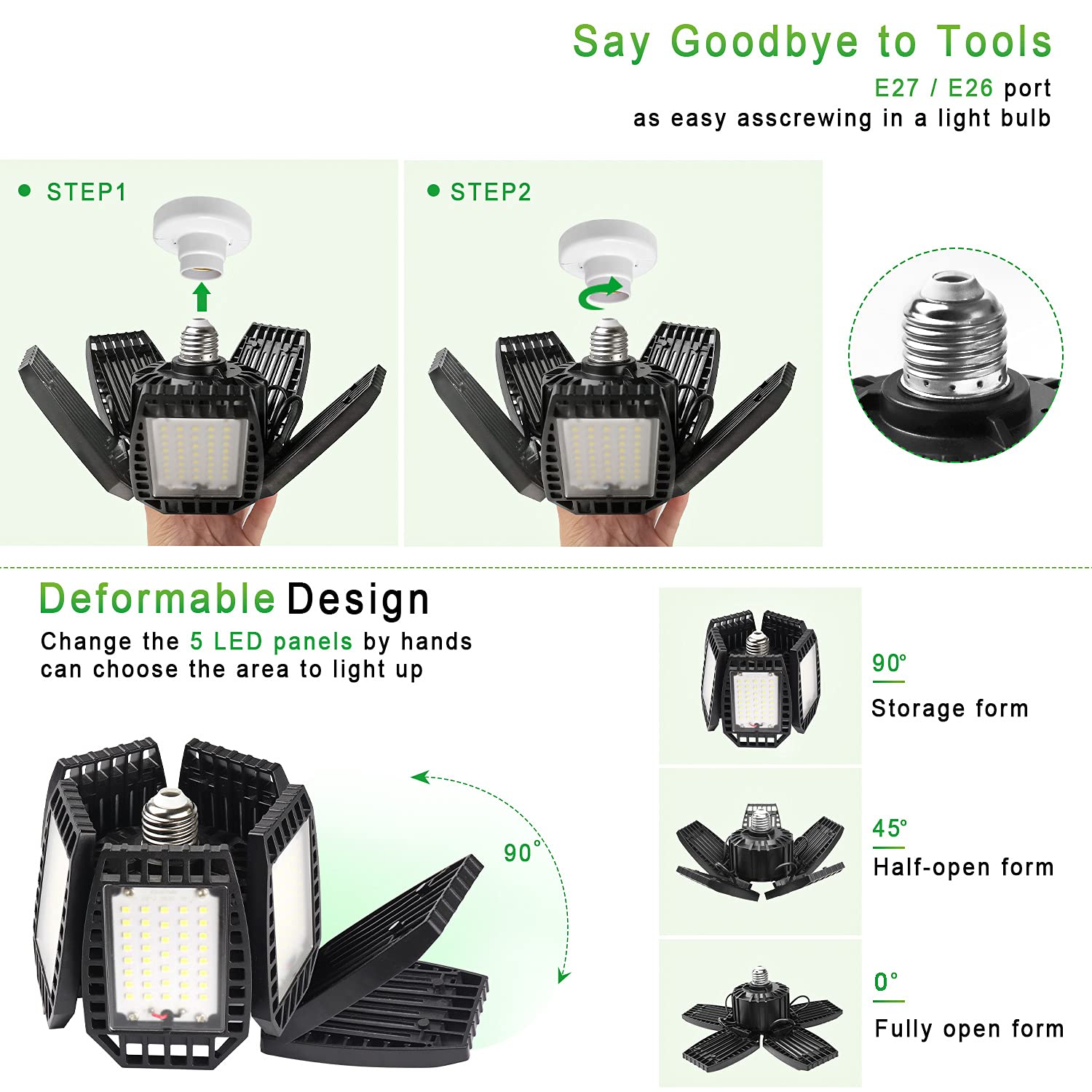 2-Pack LED Garage Lights, 100W Deformable E26/E27 Garage Ceiling Light, 10000LM Five-Leaf Adjustable Garage Lighting Fixture, CRI>80, 6500k Nature Light, for Workshop, Workbench, Barn, Basement