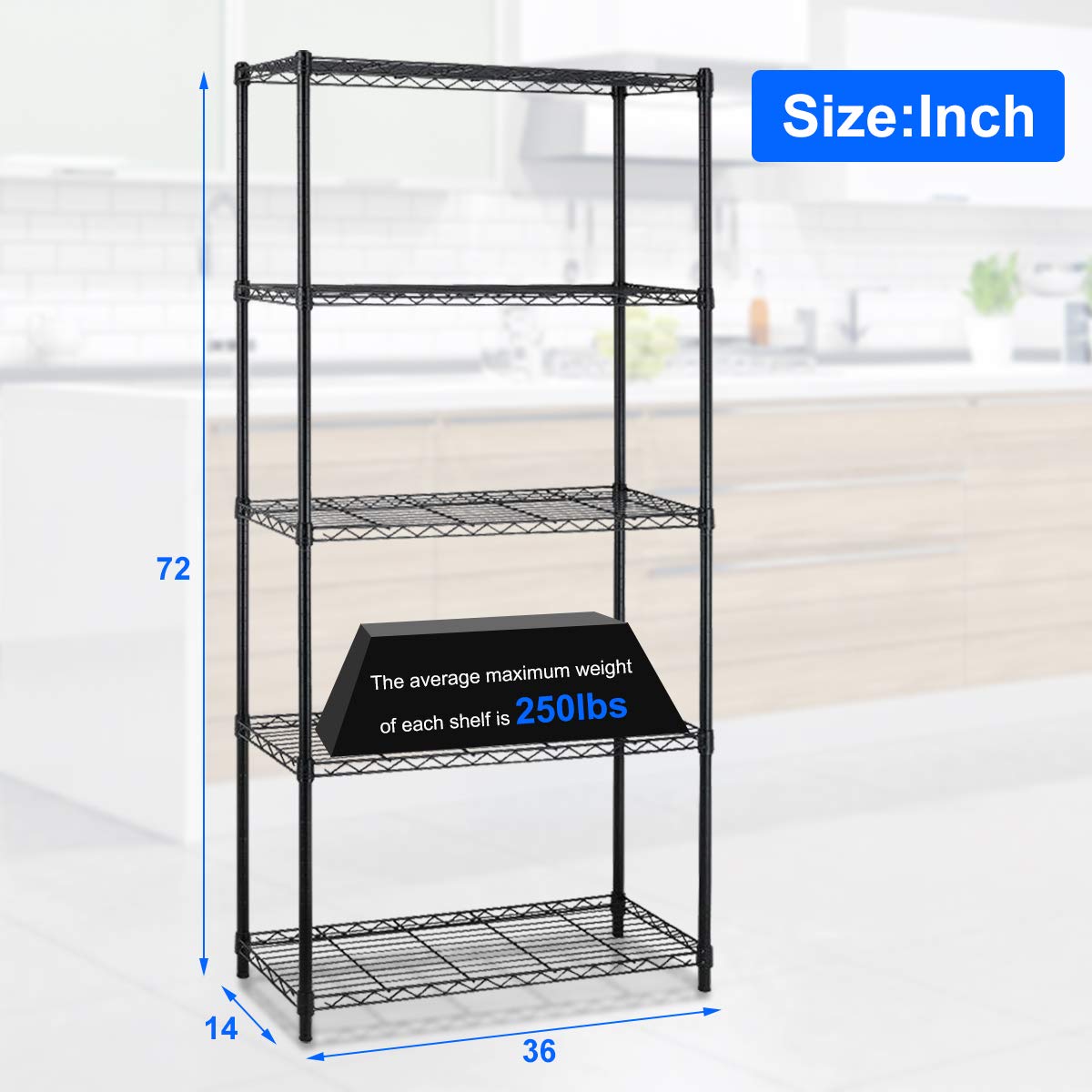 Storage Metal Shelf 5 Tier Wire Shelving Unit Standing Shelf Units Heavy Duty Garage Shelving with Feet Levelers 1250Lbs Capacity Adjustable Commercial Shelving Kitchen Rack, Black