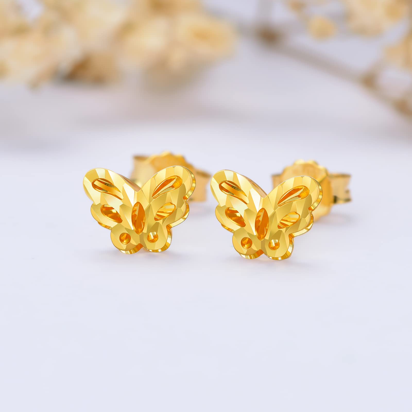 18kt Solid Gold Butterfly Earrings for Women, Delicate Yellow Gold Diamond-cut Butterfly Stud Jewelry Anniversary Present for Her, Wife, Mom, Girlfriend