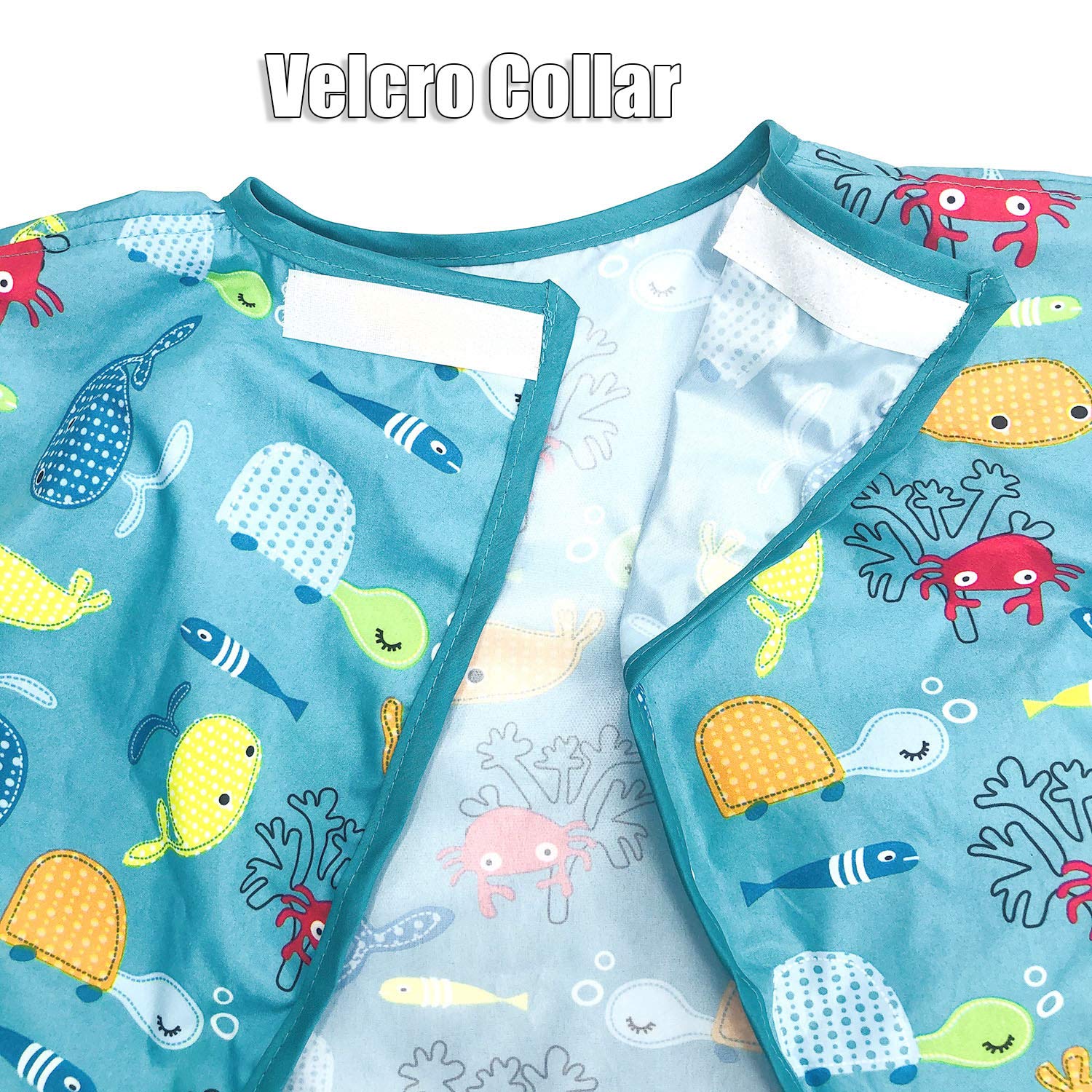 HIVVI Long Sleeve Baby Bib, Attaches to Highchair, Waterproof & Portable (Blue Seaworld)