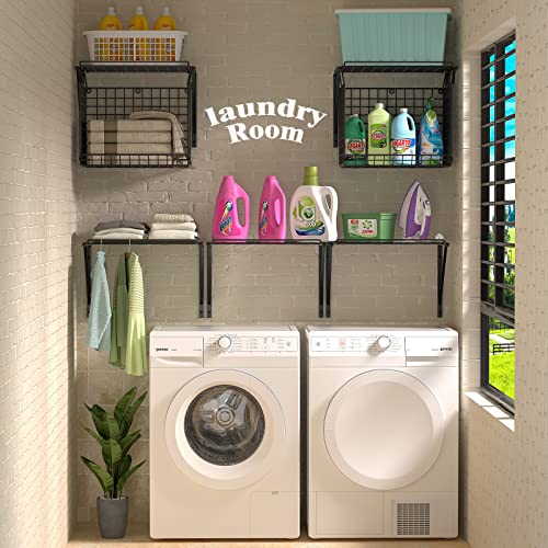 2 Pack Laundry Room Shelves Wall Mounted with Wire Baskets, Over the Washer and Dryer Shelf with Clothes Drying Rack, 8 Hooks, Wire Shelves Baskets for Laundry Closet Organization and Storage, Black