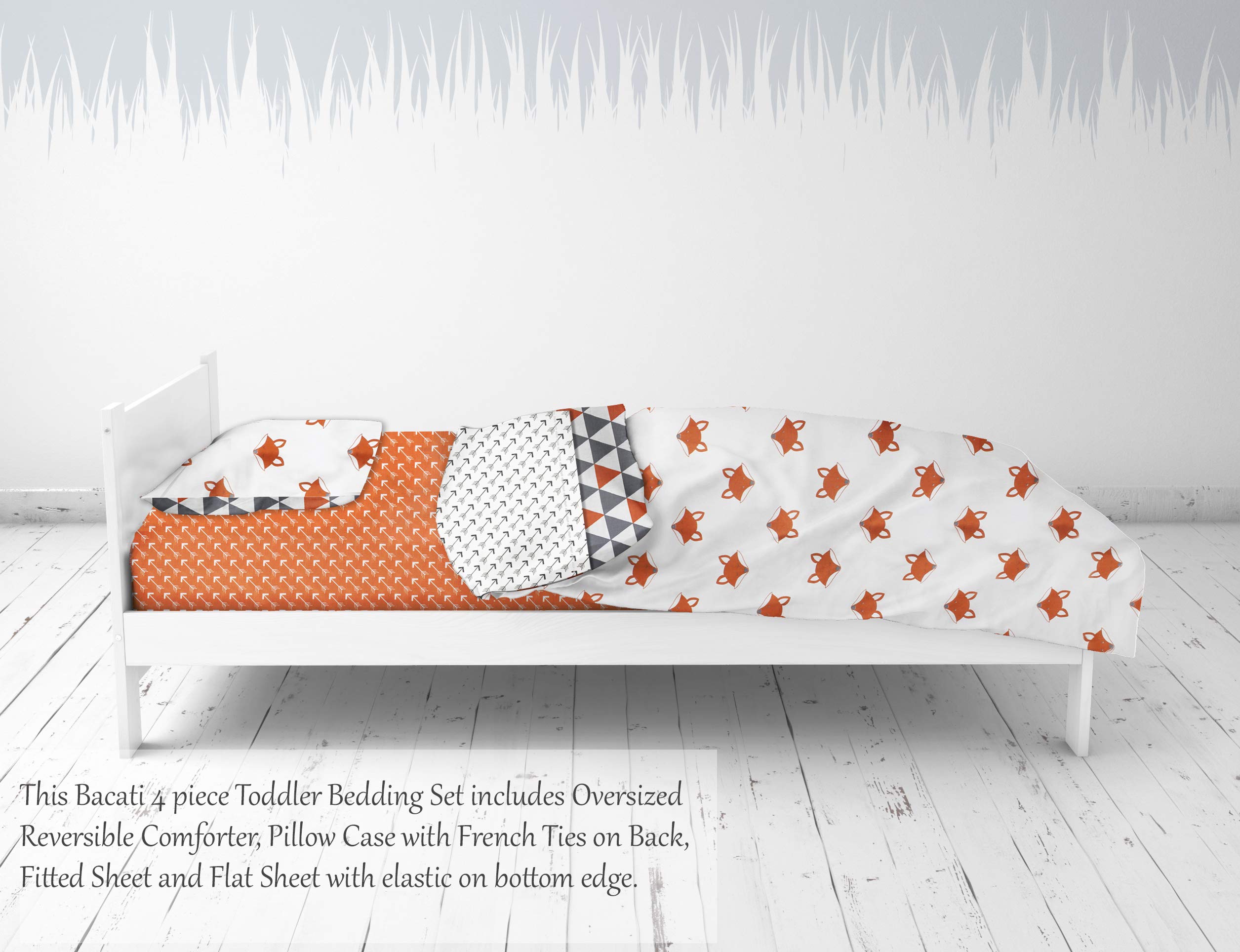 Bacati Playful Foxs 4 Piece Neutral Toddler Bedding Set, Orange/Grey 100 Percent Cotton Includes Reversible Comforter, Fitted Sheet, Top Sheet, and Pillow Case for Boys/Girls