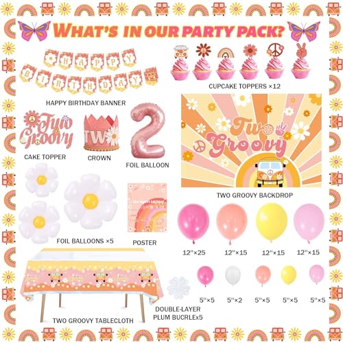 122 PCs Two Groovy Party Decorations, Fiesec Two Groovy Boho Daisy Hippie Second Birthday Party Backdrop Balloon Garland Banner Tablecloth Cake Cupcake Topper Crown Poster