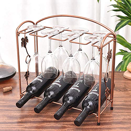 Huanxin Wine Rack Countertop, Tabletop Wine Rack Metal, Wine Bottle Holder, Hold 4 Bottles Wine Holder and 8 Glasses, Easy Assembly,Gold
