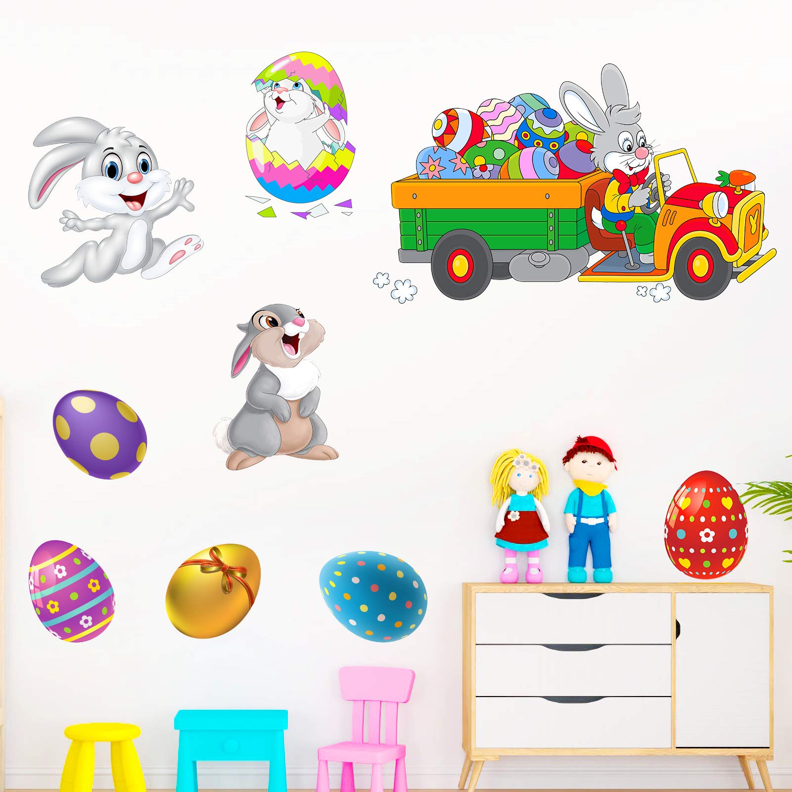 Konsait Bunny Wall Stickers, Cartoon Bunny Eggs Design Wall Stickers for Easter Party Favor Home Decoration Kids Baby Boys Girls Bedroom Window Decals