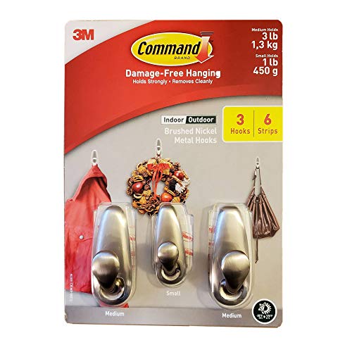 Indoor Outdoor Brushed Nickel Metal Hooks 3 Hooks 6 Strips 1 Small 2 Medium