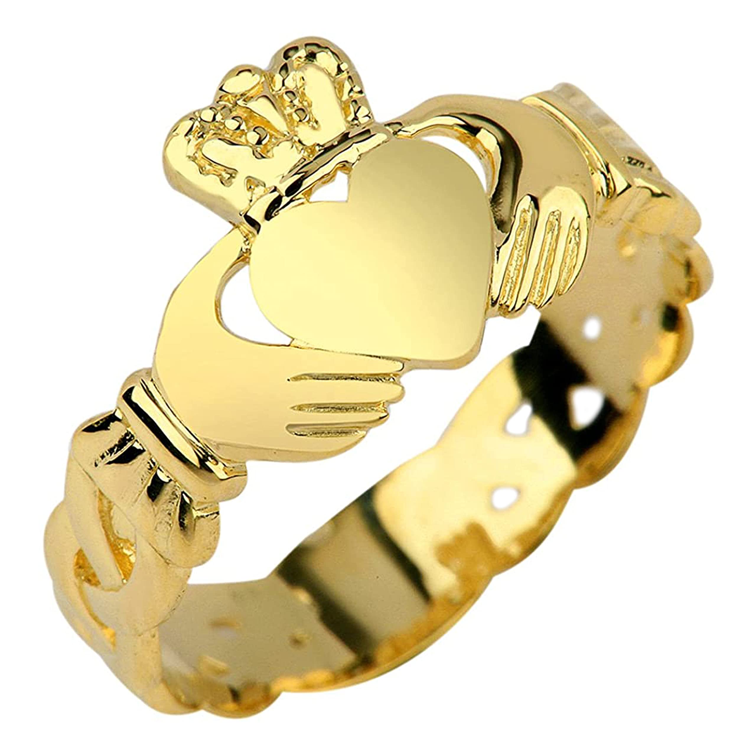 14K Yellow Gold Unisex Claddagh Claddagh Friendship, Engagement, or Wedding Ring with Trinity Knot Band - Size 5