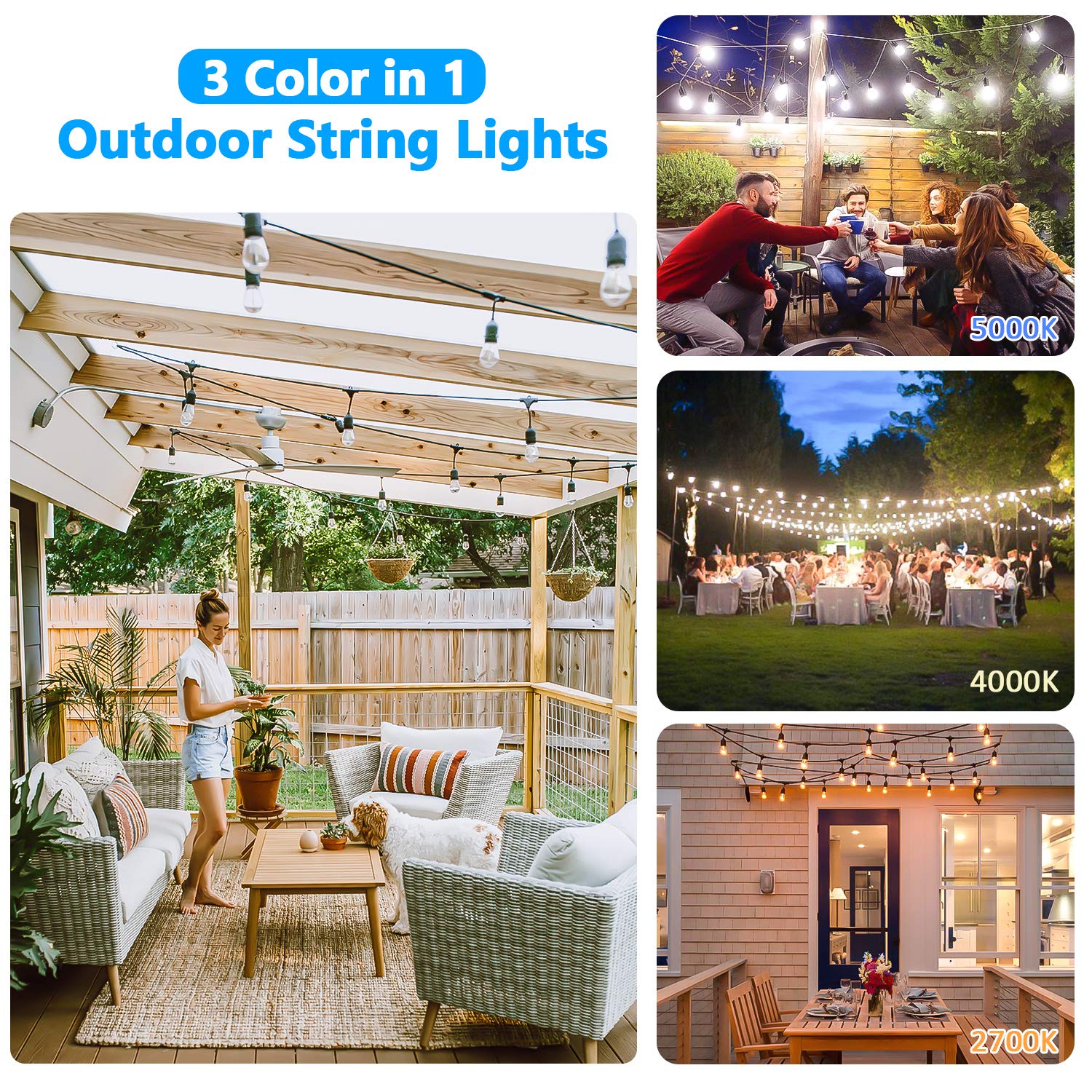 3 Color Dimmable LED Outdoor String Lights with Remotes, 48FT Waterproof Patio Hanging Lights with Shatterproof E26 S14 LED Bulbs for Bistro CafeĀ Pergola Party, Warm White/Nature White/Daylight White