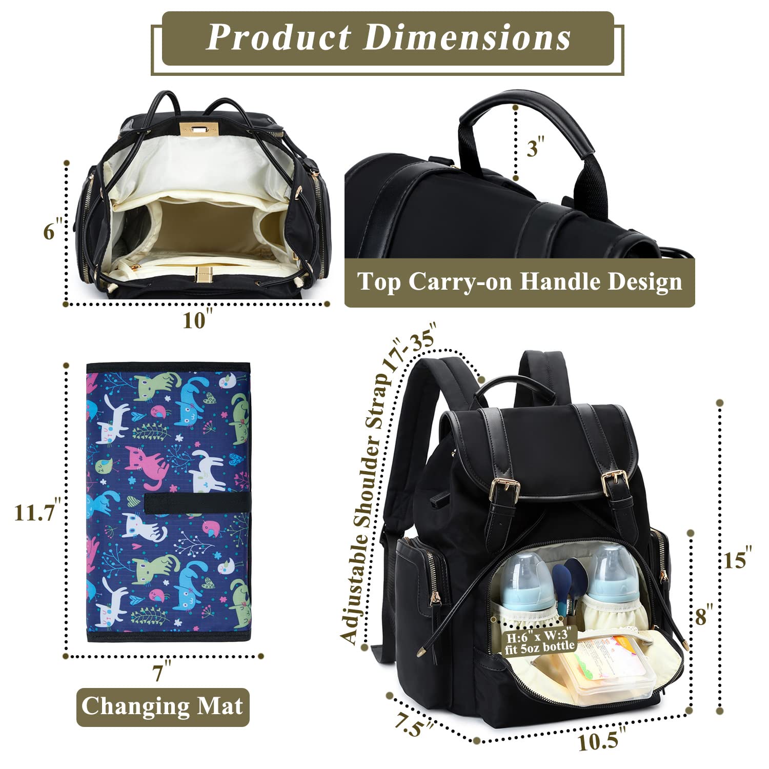 Terzini Bear Diaper Bag Backpack, Multifunction Diaper Bags for Baby with USB Charging Port,Stroller Hook,Changing mat(Black)