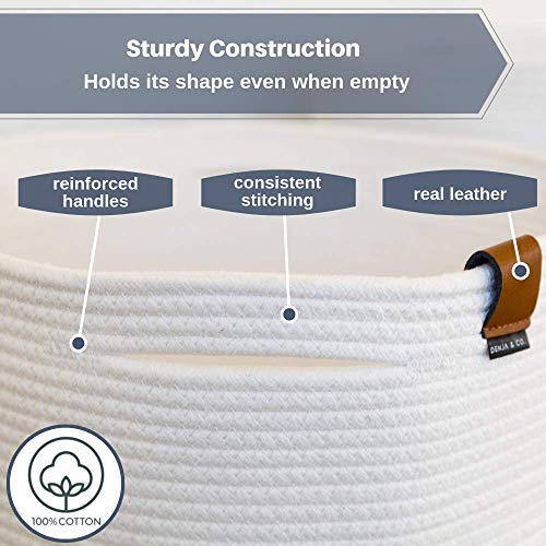 DENJA & CO Extra Large Blanket Basket for Living Room - White Farmhouse Woven Baskets for Storage | Cotton Rope Large Baskets for Blankets, Pillows, Toys, or Laundry | Ivory White (21" Wide x 13.8" Tall)
