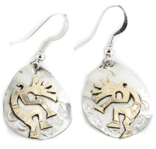 12kt Gold Filled and .925 Sterling Silver Kokopelli Handmade Certified Authentic Navajo Dangle Native American Earrings