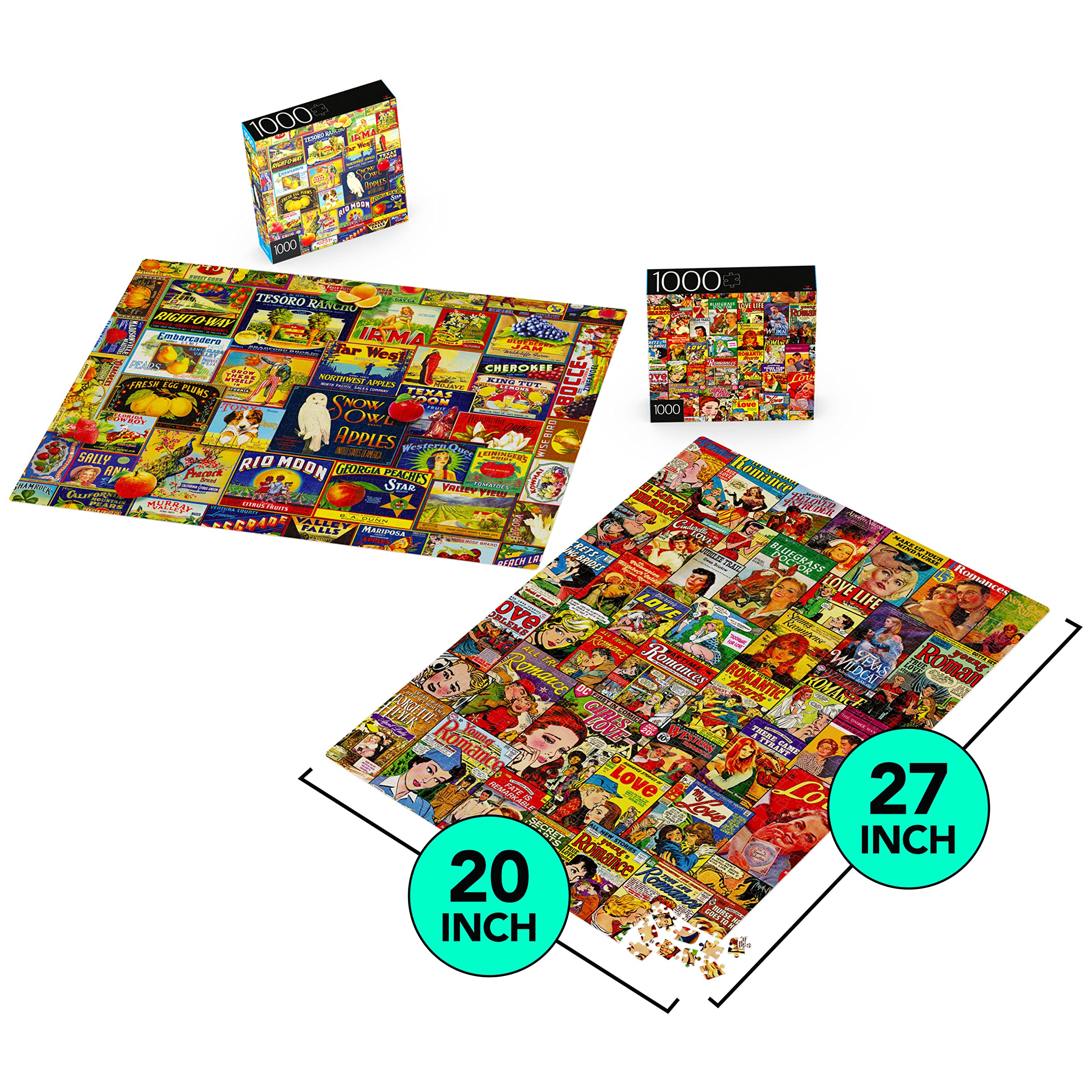 2-Pack of 1000-Piece Jigsaw Puzzles, Retro Comics and Fruit Labels, Puzzles for Adults and Kids Ages 8+, Amazon Exclusive