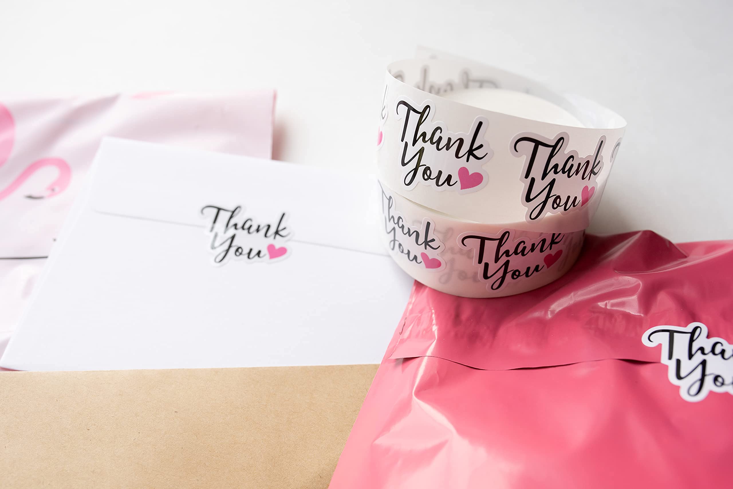 Thank You Stickers - Roll of 500 Labels with Pink Hearts - Cute Mailing Envelope Seals -Small Business Shipping Supplies - Packaging Orders with Poly Mailers and Boxes