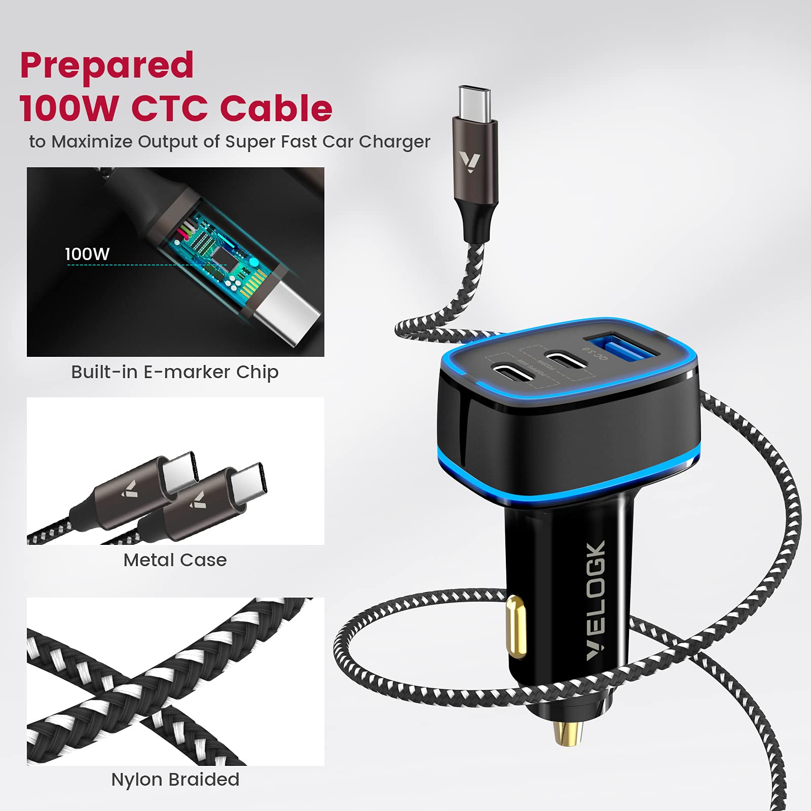 115W USB C Car Charger, VELOGK 3-Port [PPS&PD&QC3.0] 65W 45W 30W Super Fast Type C Car Charger Adapter for iPhone 15 Pro Max Samsung S24 S23 S22 Ultra Note 20, iPad, Macbook/Dell,with 100W USB C Cable
