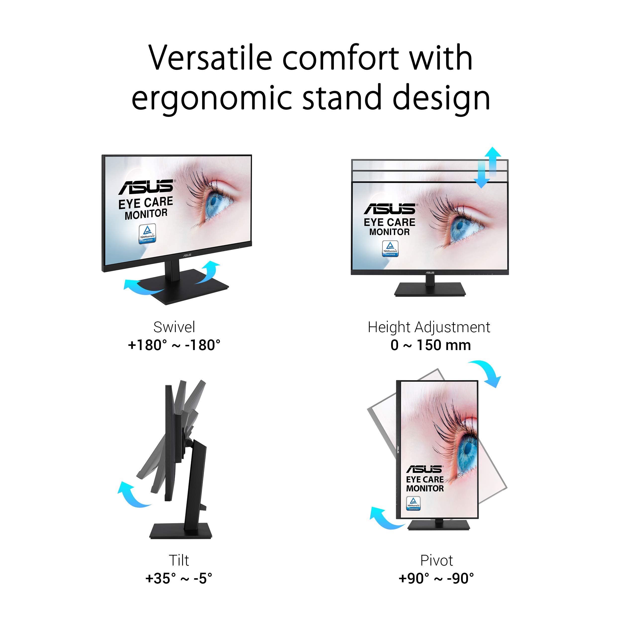 ASUS VA27DQSB 27” Monitor, 1080P Full HD, 75Hz, IPS, Adaptive-Sync, Eye Care, HDMI DisplayPort VGA USB Hub, Frameless, Ergonomic Design, VESA Wall Mountable (Renewed)