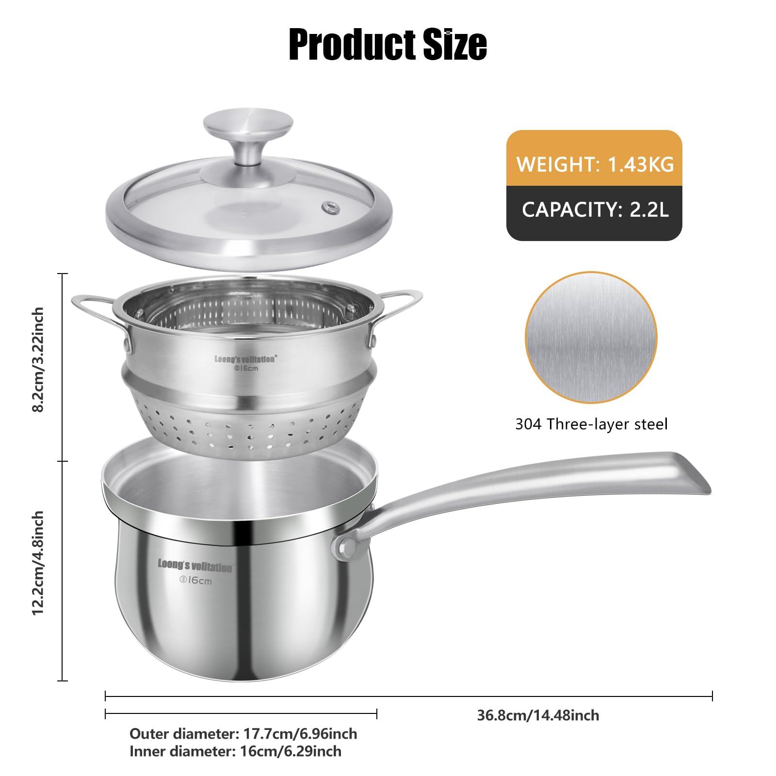 2.3 Quart Stainless Steel Saucepan with Steamer Basket,Tri-ply Construction,Multi-functional Sauce Pan Set with Lid,Small Sauce Pots Cooking for Pasta,Gravies,Noodles,Vegetable