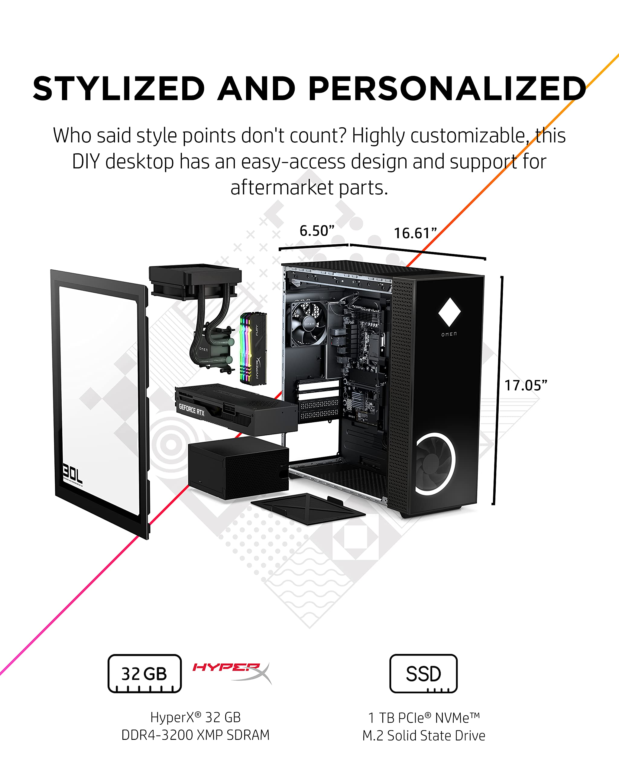 Omen 30L Gaming PC, NVIDIA GeForce RTX 3070, AMD Ryzen 7 5800X, HyperX 32 GB RAM, 1 TB SSD, Windows 10 Pro, Wi-Fi 6 & Bluetooth 5, Liquid Cooling, RGB Lighting (GT13-1170, 2021)