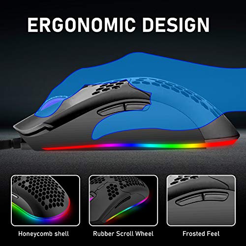 Wired Lightweight Gaming Mouse,6 RGB Backlit Mouse with 7 Buttons Programmable Driver,6400DPI Computer Mouse,Ultralight Honeycomb Shell Ultraweave Cable Compatible with PC Gamers,Xbox,PS4 (black)