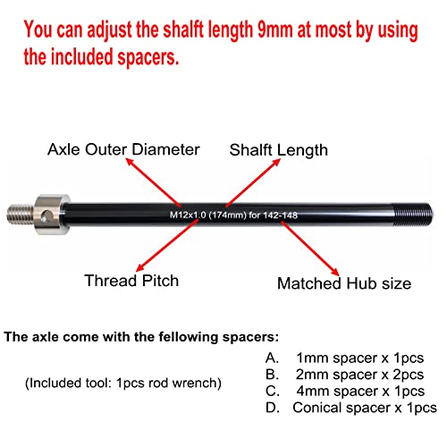 12MM Thru Axle Adapter for Bike Trailer Hitch 1.0 1.5 1.75 TP Compatible with 142-148 Hub Size Different Shalft Length for Choose (M12x 1.75 - 181mm (142-148))