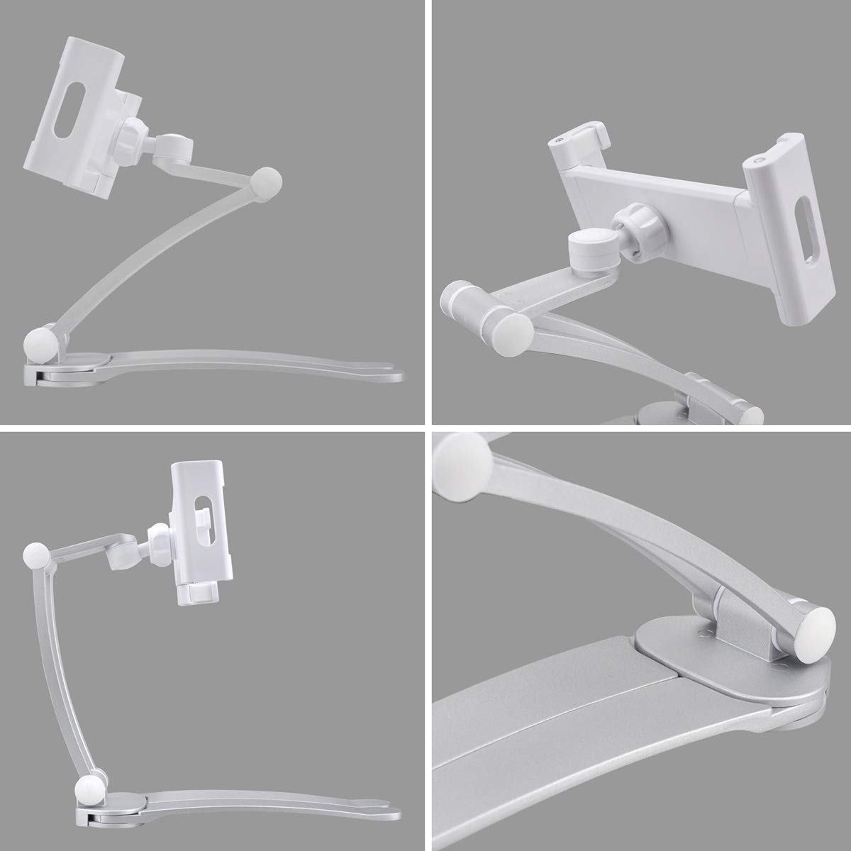 AYADA Kitchen Cabinet Tablet Holder, 2 in 1 Wall Mount Desktop Stand for ipad 12.9 Aluminum Alloy Metal Adjustable Multiangle Foldable Universal Phone Tablet Bracket Cooking Table Counter Top (Silver)