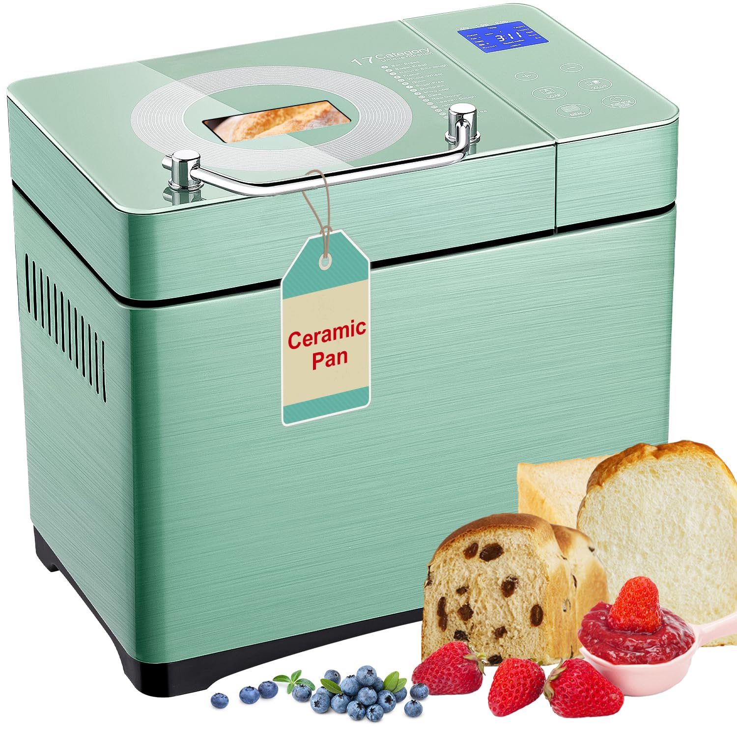 17-in-1 Bread Maker with Dual Heaters, 2.2LB Larger Bread Machine With Non-Stick Ceramic Pan & Auto Fruit Dispenser, Full Stainless Steel Bread Maker Machine Full Touch Panel, 15H Timer & Keep Warm