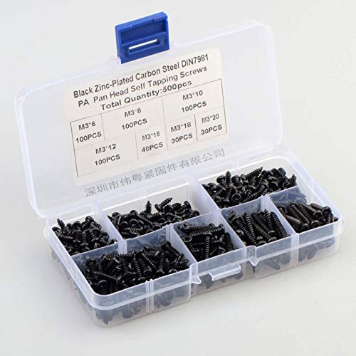 Black Pan Head Tapping Screws Set M3x6/8/10/12/16/18/20 Carbon Steel for Laptop for Computer Screw Screw Kit 500 Pcs/Set SCRW-020023