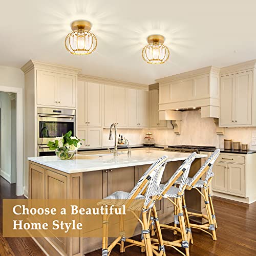 2-Pack Semi Flush Mount Ceiling Light Fixtures Small Crystal Farmhouse Black Metal Cage Indoor Industrial Ceiling Lights for Living Room Hallway Bathroom Entryway Kitchen