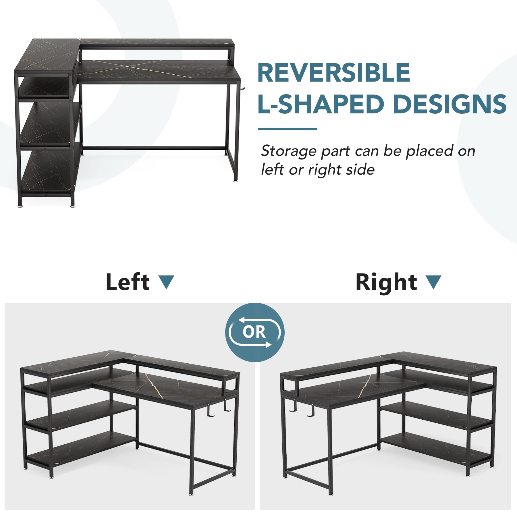Tribesigns 53 Inch Reversible L Shaped Desk with Storage Shelf, Modern Black Marble Corner Desk with Shelves and Monitor Stand, Gaming Desk for Home Office (53" D x 41" W)