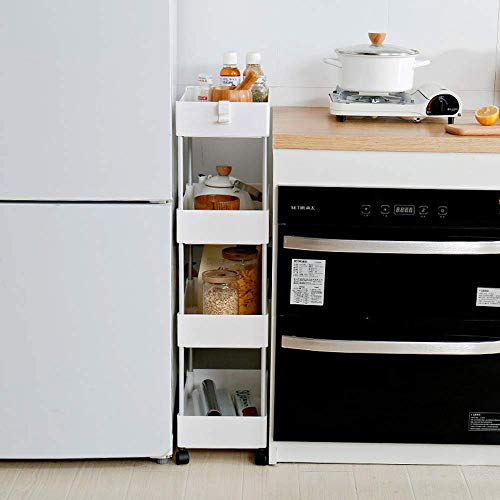 Moxeay 4 Tier Slim Storage Cart Bathroom Utility Cart Mobile Shelving Unit ABS Storage Basket Shelves Rolling Utility Cart Organizer with Caster Wheels for Kitchen Bathroom Laundry Office