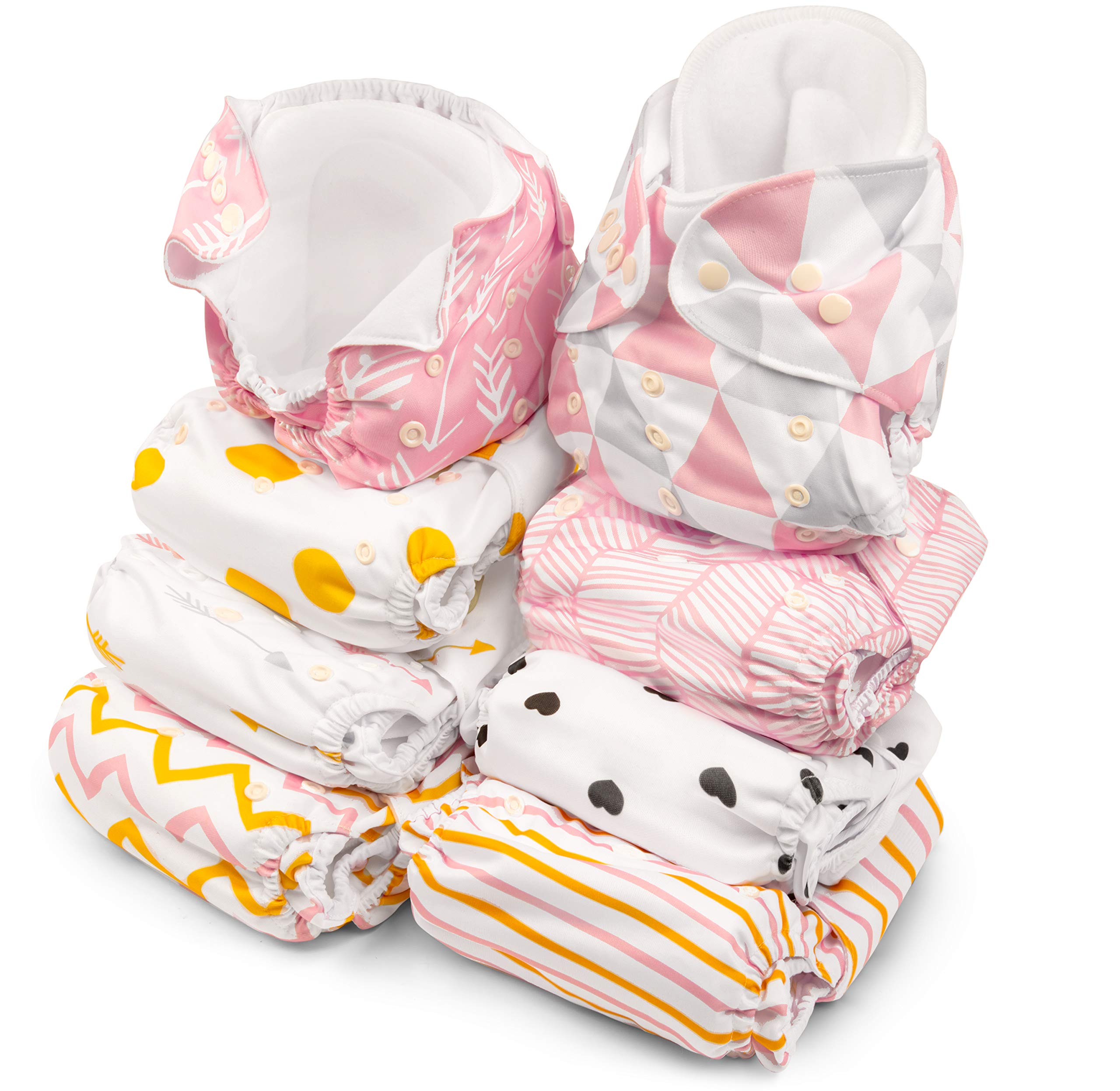 BaeBae Goods Newborn Cloth Diapers – 8 Reusable Cloth Diapers for Babies with 8 Cloth Diaper Inserts – Extra Leg Lining to Avoid Leakage - Waterproof Outside Soft Inside – Adjustable Size for Girls