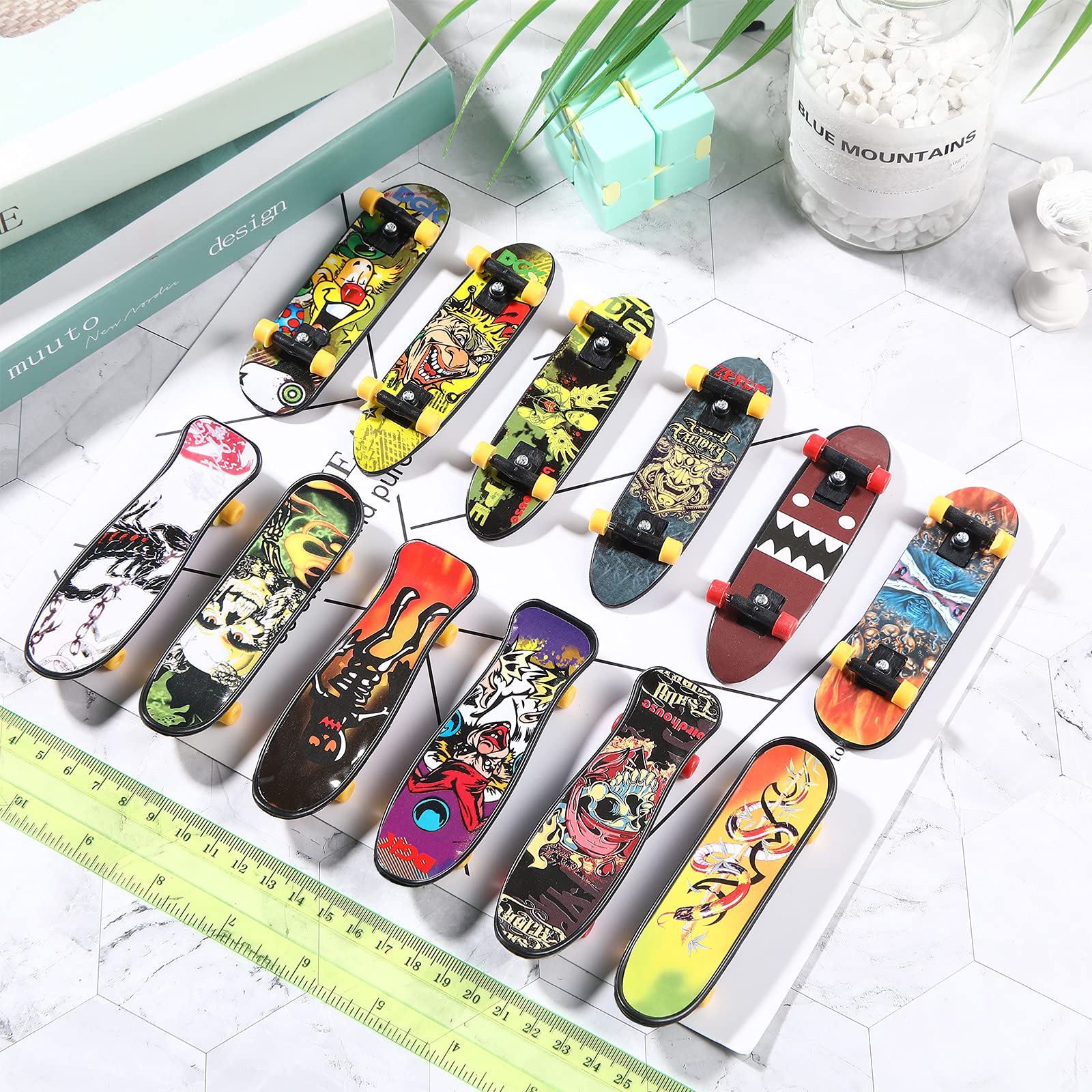 36 Pieces Mini Finger Skateboard Toy Skateboard Finger Boards with Double Sided Pattern Creative Fingertip Movement Novelty Toys Party Favors Decorations Supplies for Teens and Adults (Retro Style)