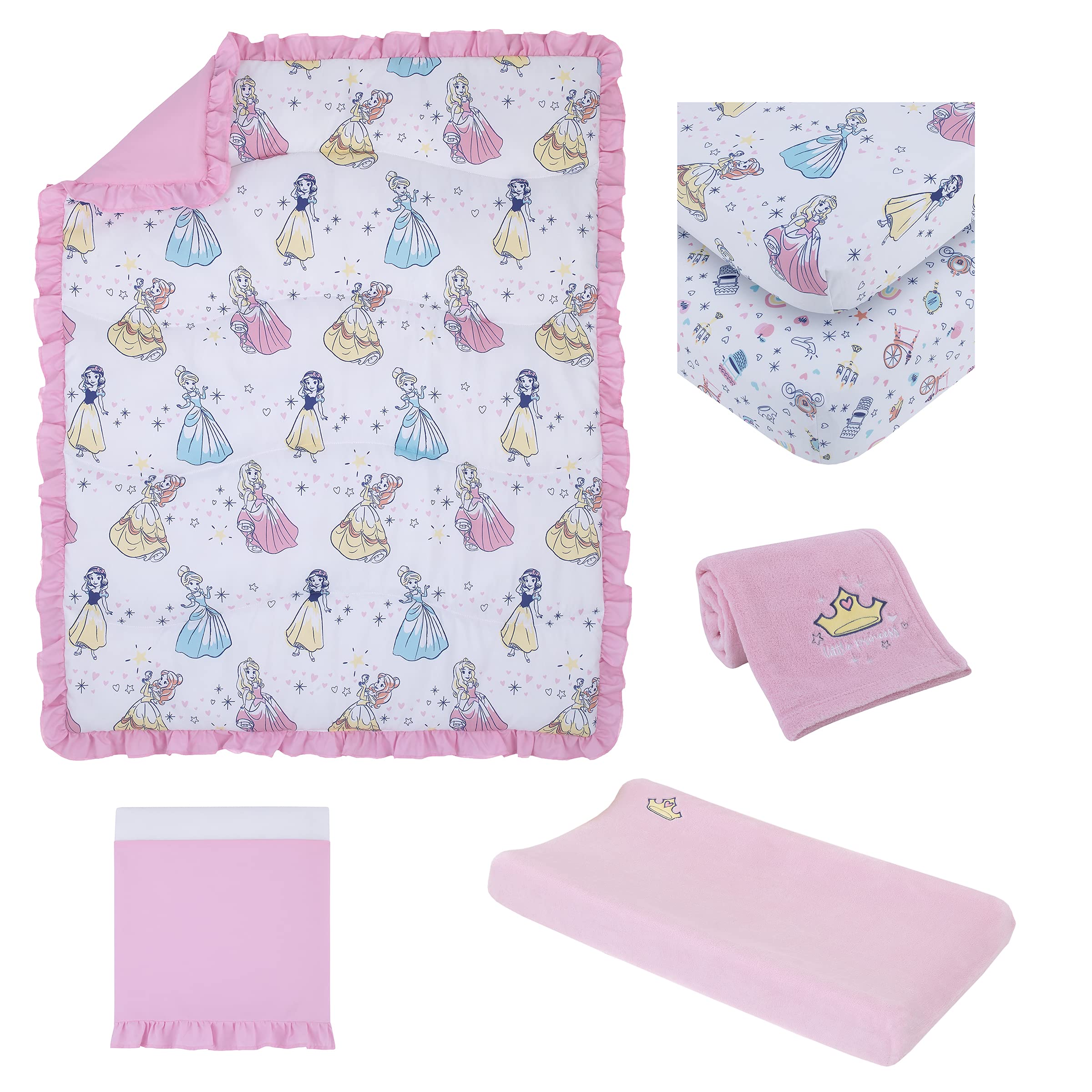 Disney Little Princess Pink, Blue, Yellow and White Stars and Hearts Cinderella, Snow White, Belle and Aurora 6 Piece Nursery Crib Bedding Set