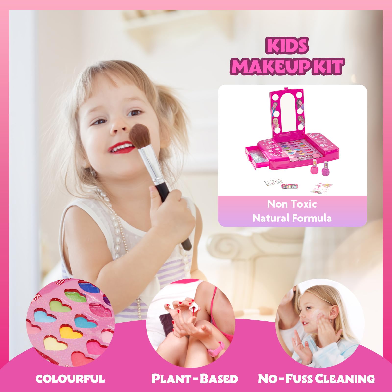 Barbie Beauty Vanity Set with Light-Up Mirror, Includes Lip Gloss, Eye Shadow, Brushes, Nail Polish, Accessories, and More! Ages 3+ Perfect for Parties, Sleepovers, and Makeovers, by Townley Girl