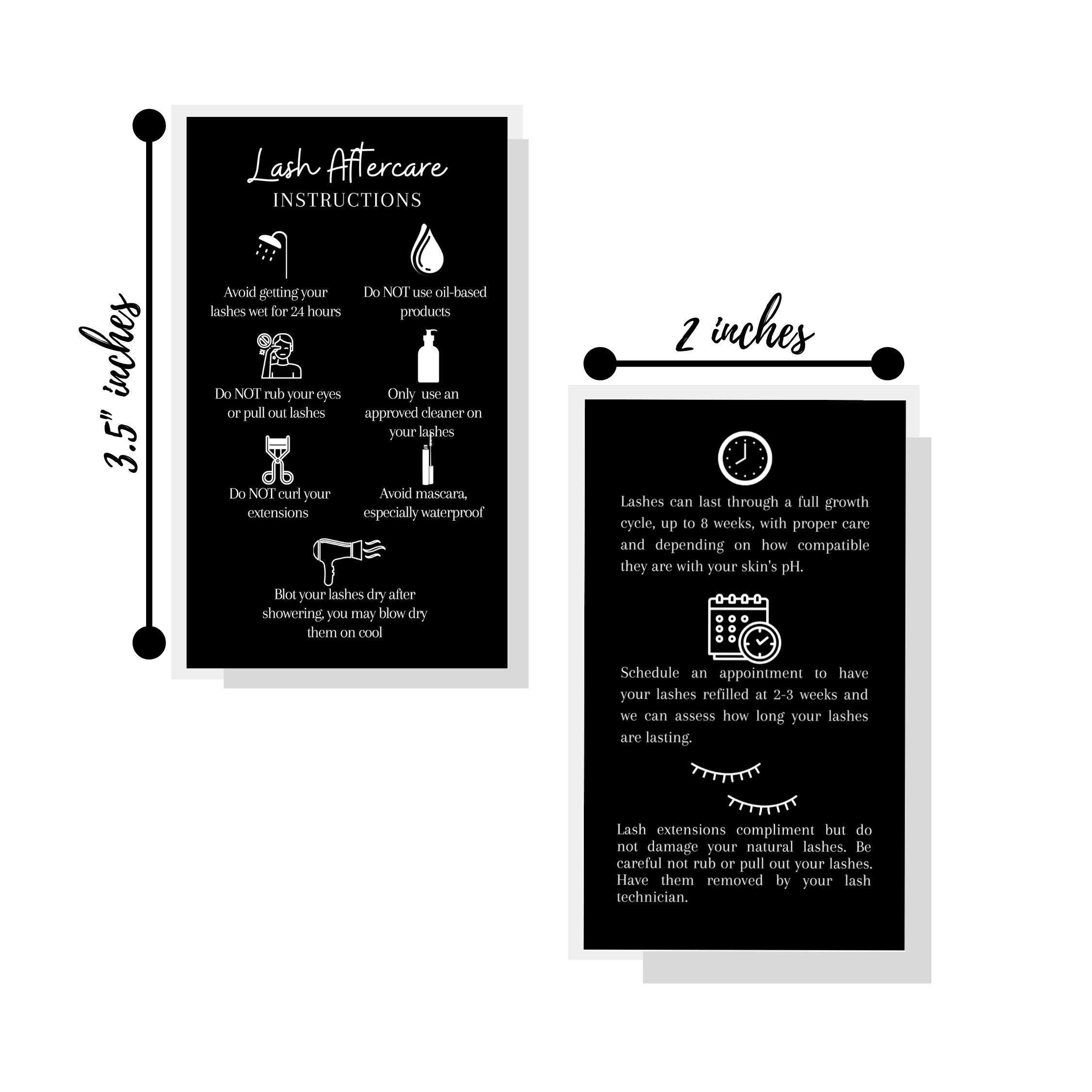 Boutique Marketing LLC Lash Extension Aftercare Instructions Cards,50 Pack,Double Sided Size 3.5 x 2 inchinch After Care (2-3 Week Fillers),Black with White Design