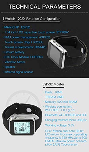 SmartFly info T-Watch 2020 V1 ESP32-Based Programmable Watch with ESP-IDF or MicroPython(Black)