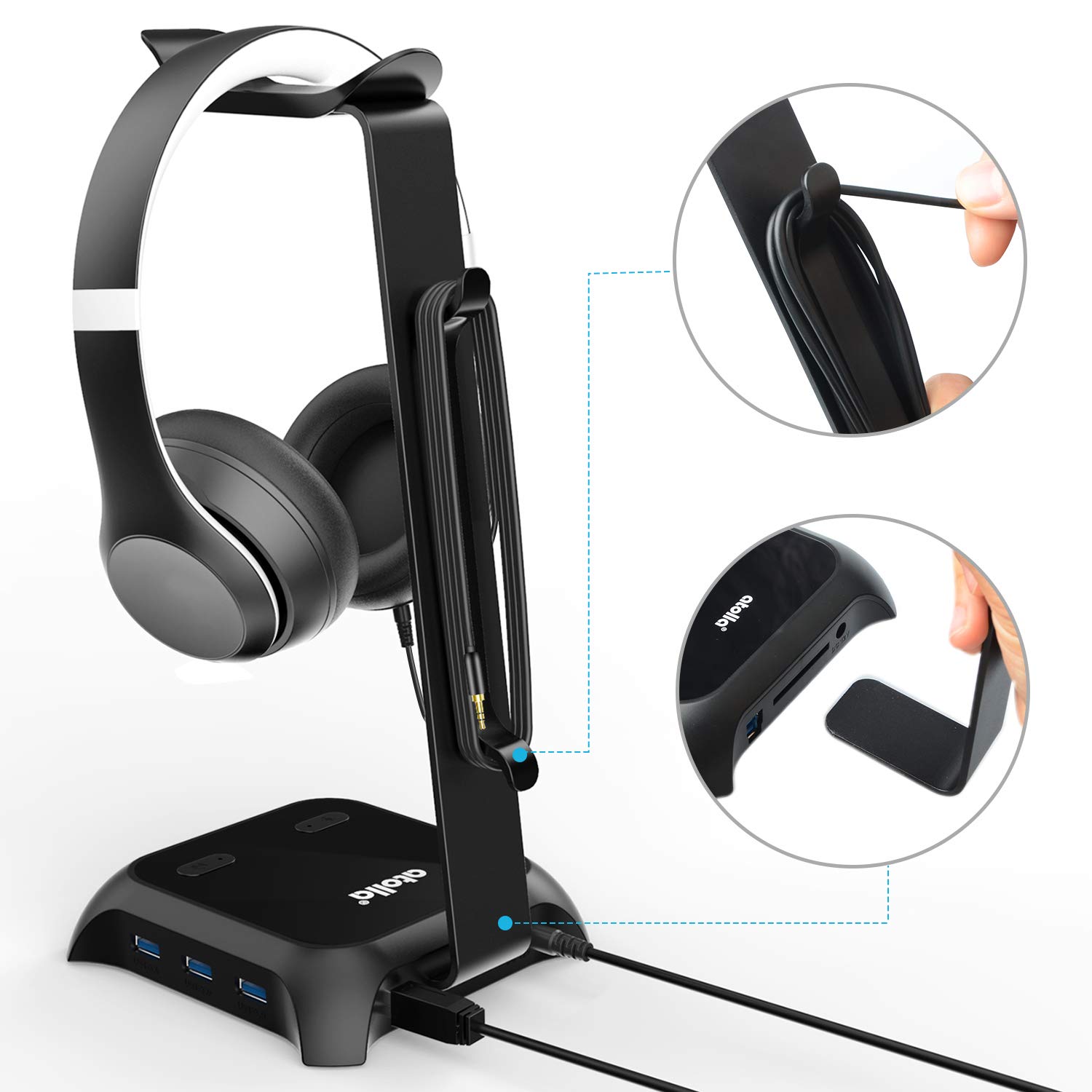 atolla USB Hub, USB 3.0 Hub with Headphone Stand, Powered USB Hub with 3 USB 3.0 Ports and 3 USB Charging Ports, 3.5mm AUX Ports with On/Off Switches, and 12V/2.5A Power Adapter