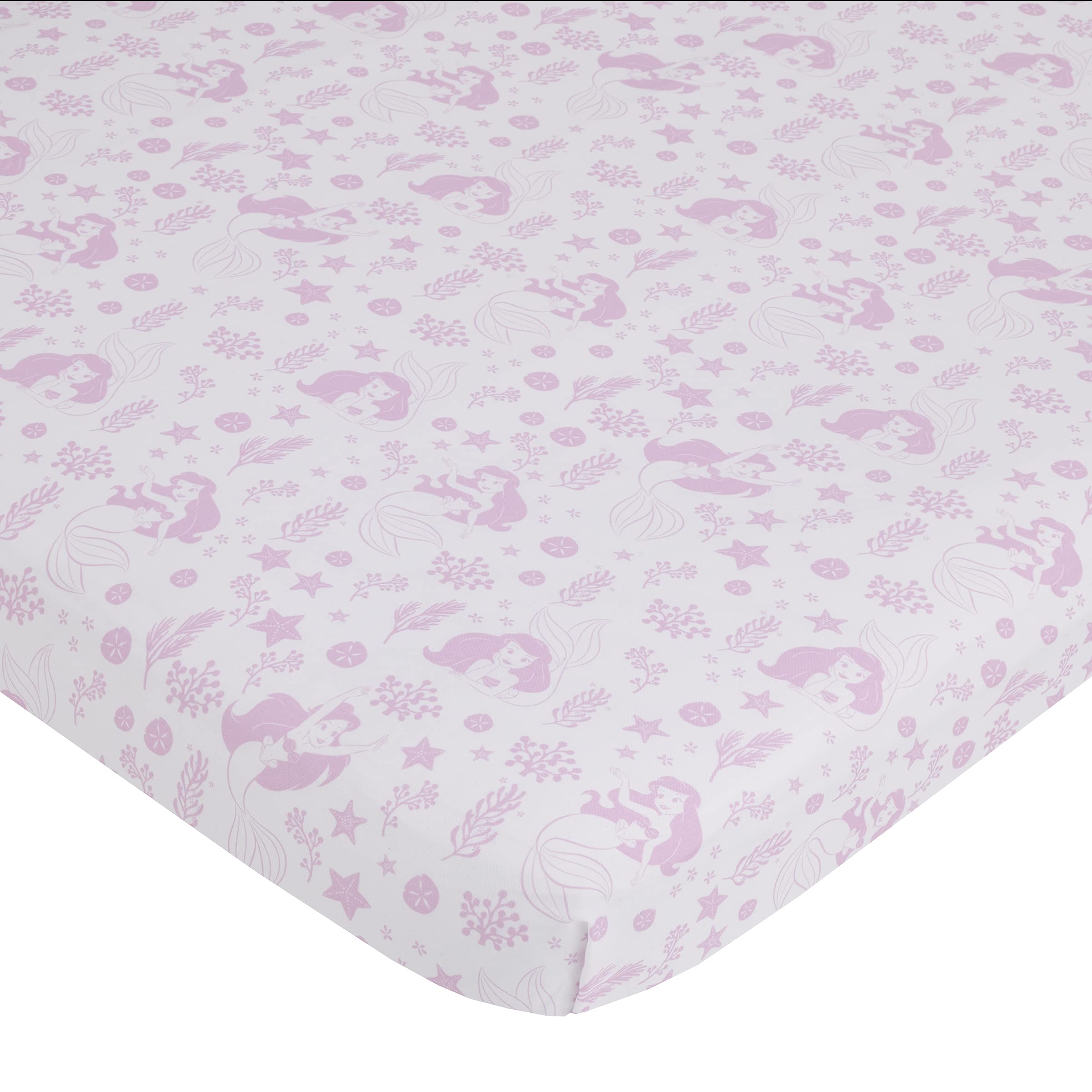Disney The Little Mermaid Ariel Cute by Nature White & Pink Star Fish & Coral Reef 3Piece Nursery Mini Crib Bedding Set - Comforter & Two Fitted Mini Crib Sheets, Pink, Aqua, Lavender, White