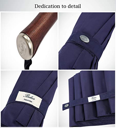 Balios (Designed in UK) Travel Umbrella Luxurious Golden Rosewood Handle Auto Open & Close Windproof Frame Single Canopy Automatic Folding Umbrella Men's & Ladies (Dark Navy)