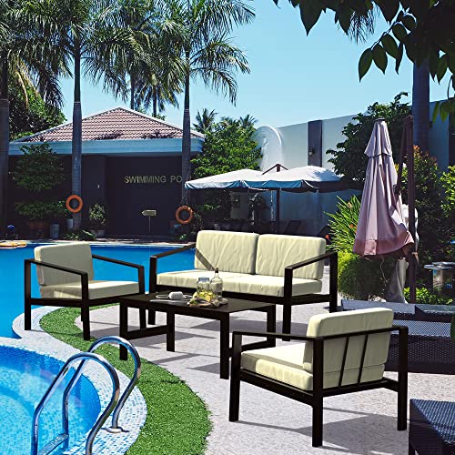 3 Pieces Outdoor Patio Sectional Sofa Couch, Aluminum Furniture Sets, White Outdoor Sofa Sets,Patio Conversation Sets for Restaurant, Outdoor Courtyard, Garden, Open-air Balcony, Poolside